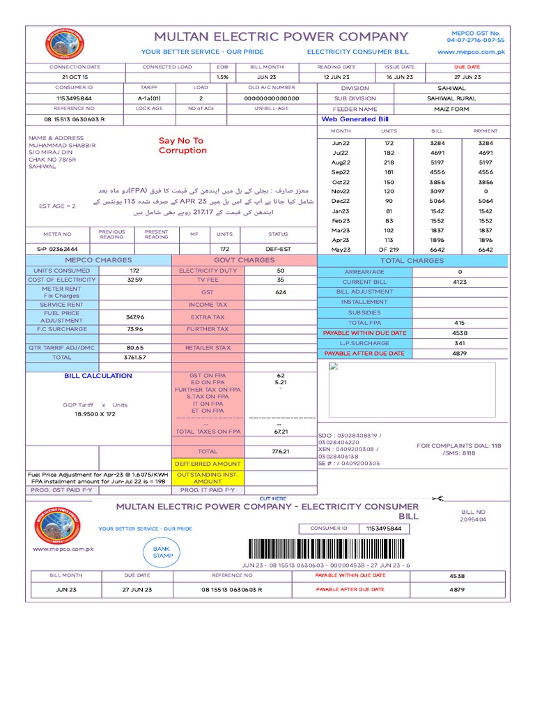 Mepco Online Bill | Download Free PDF | Fee | Taxes