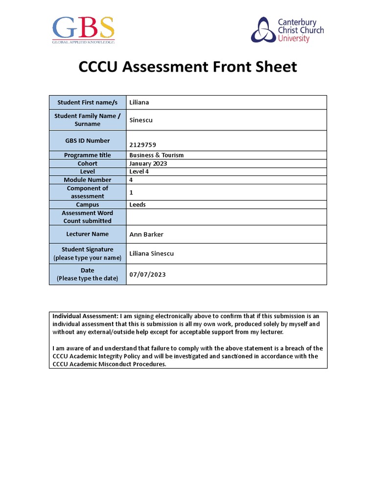 CCCU Assessment Front Page | PDF