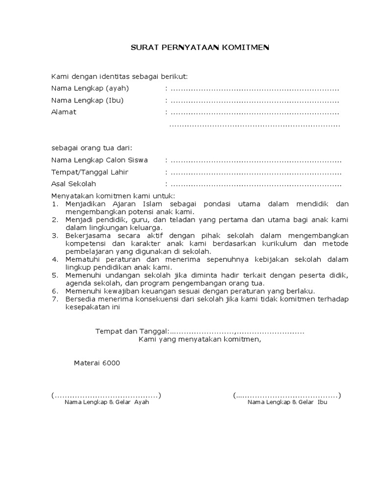 Surat Pernyataan Komitmen Orang Tua | PDF