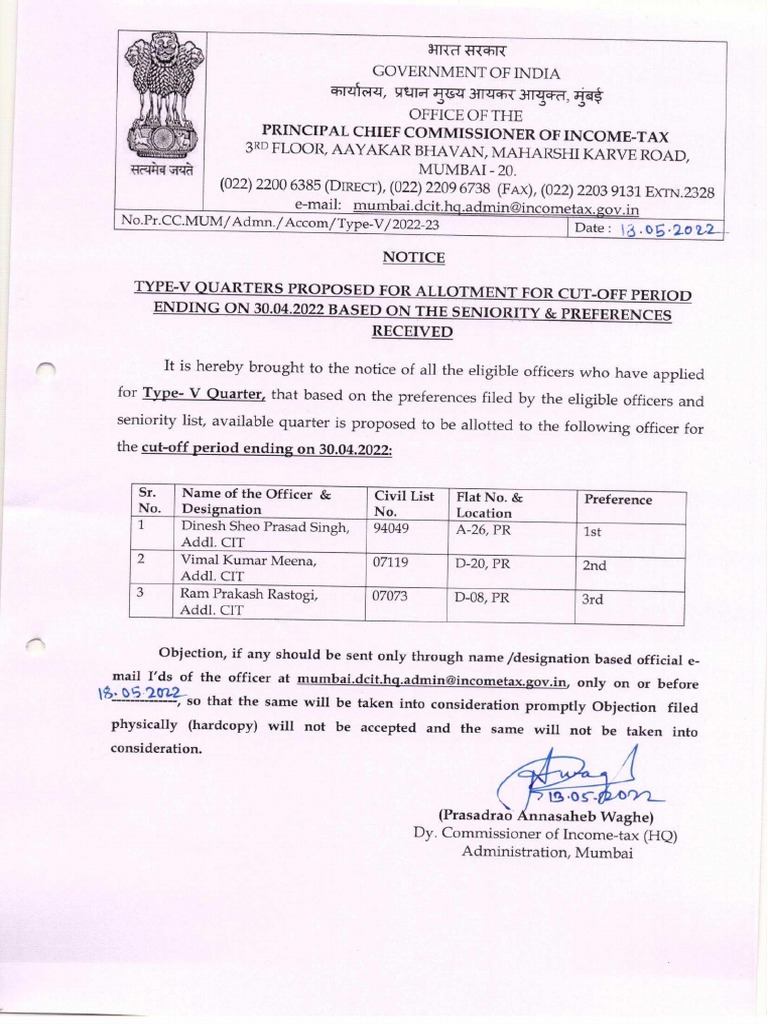 Notice Type V Quarters Proposed For Allotment For Cut Off Period Ending ...