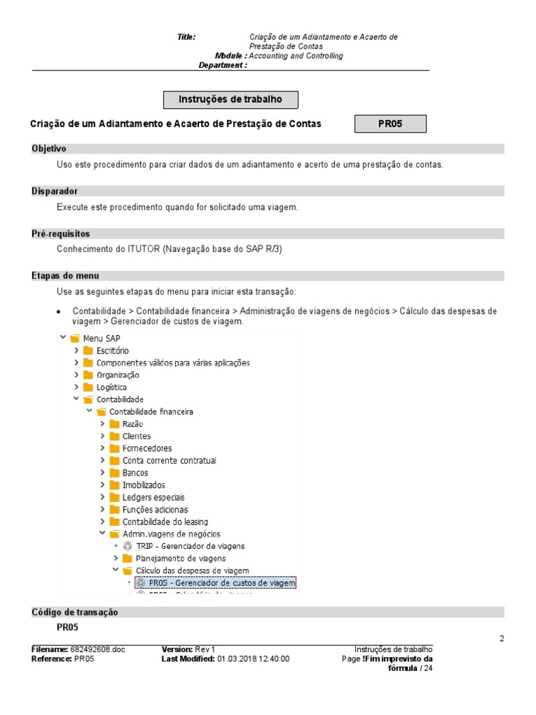 PR05 - Criação de Um Adiantamento e Acerto de Prestação de Contas | PDF ...