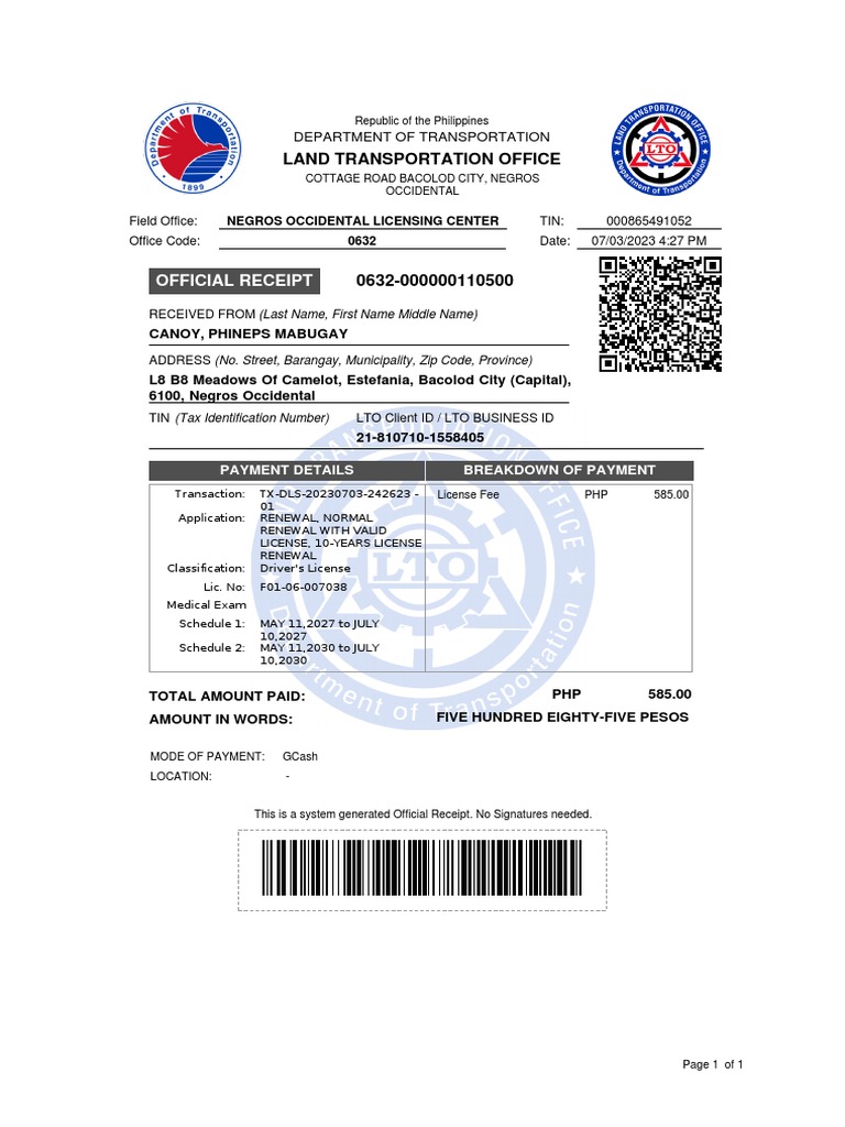 Official Receipt: Land Transportation Office | PDF