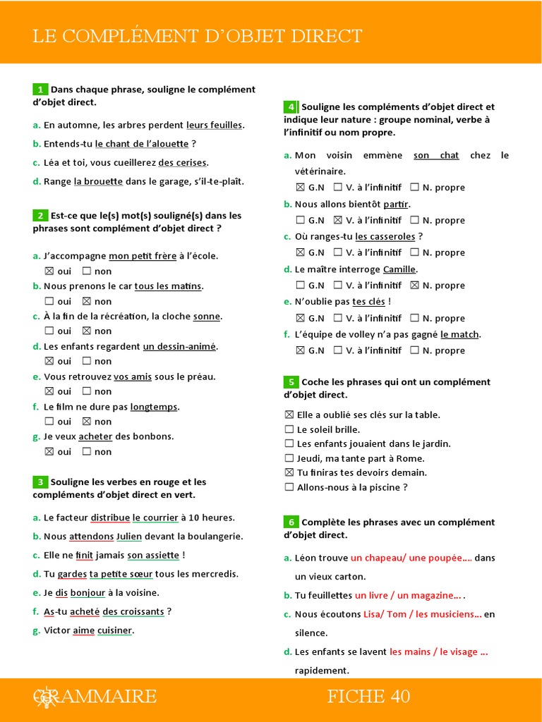 Exercices sur le Complément d'Objet Direct | PDF | Pronom | Sujet ...