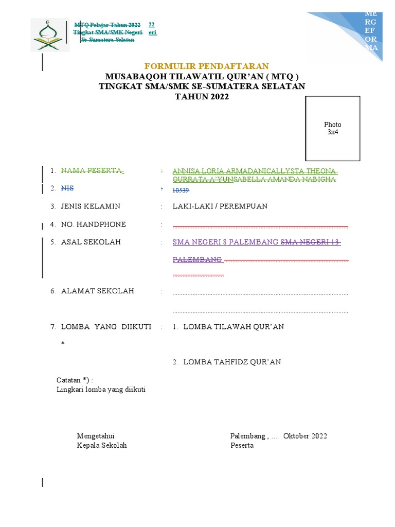 Formulir Pendaftaran MTQ | PDF