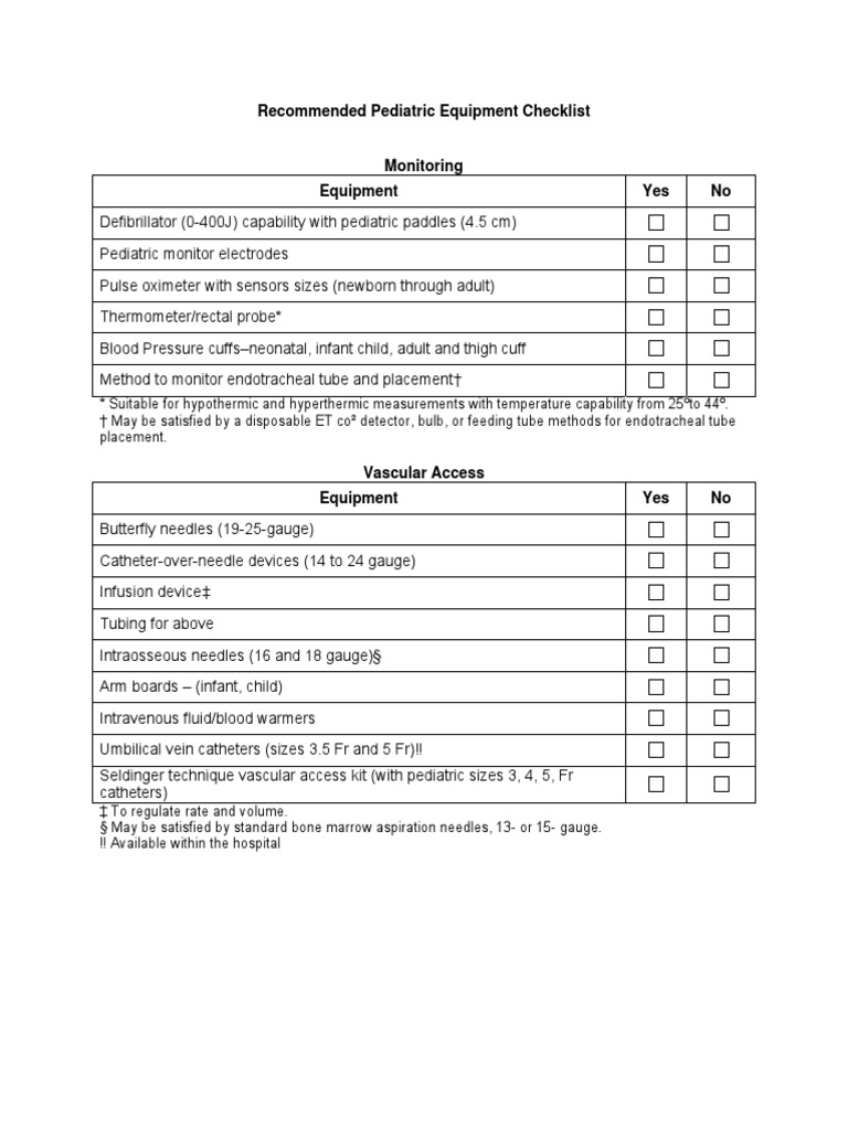 AAP - Pediatrics Equipment Checklist | PDF