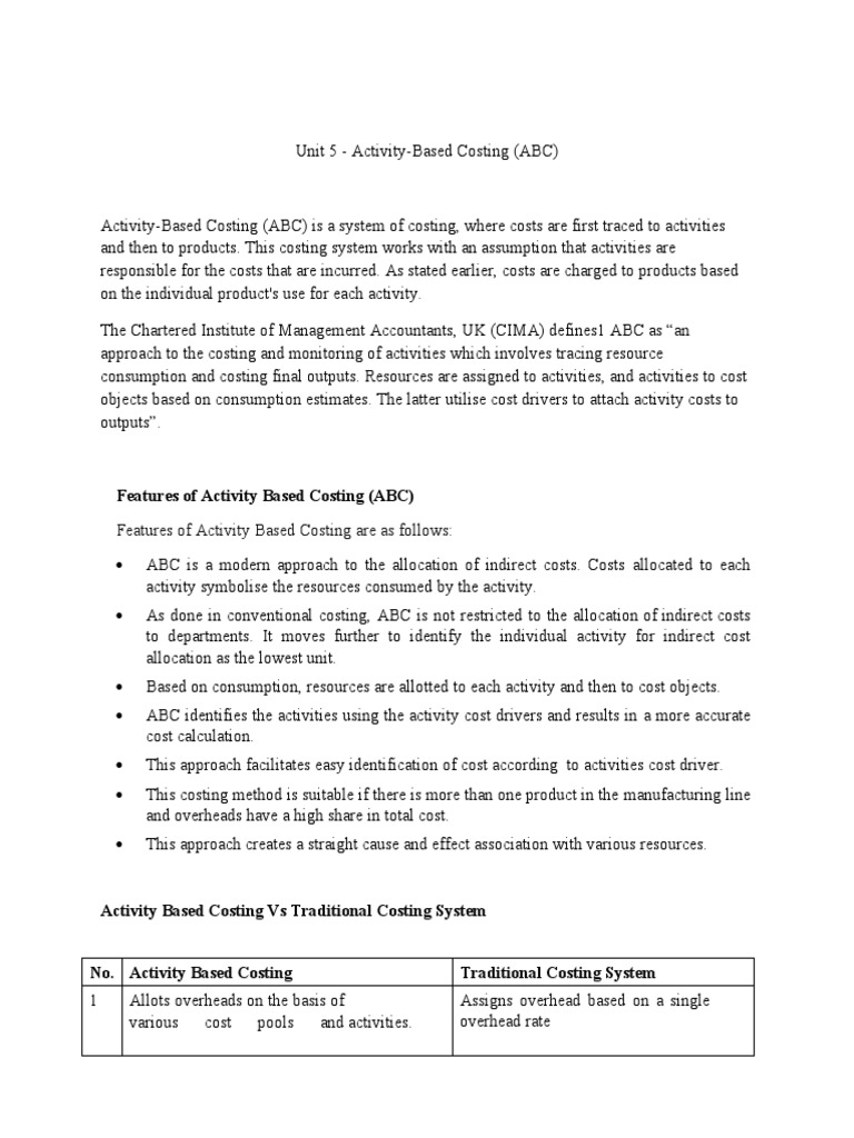 Activity Based Costing Unit 5 Complete Notes And Problem Pdf