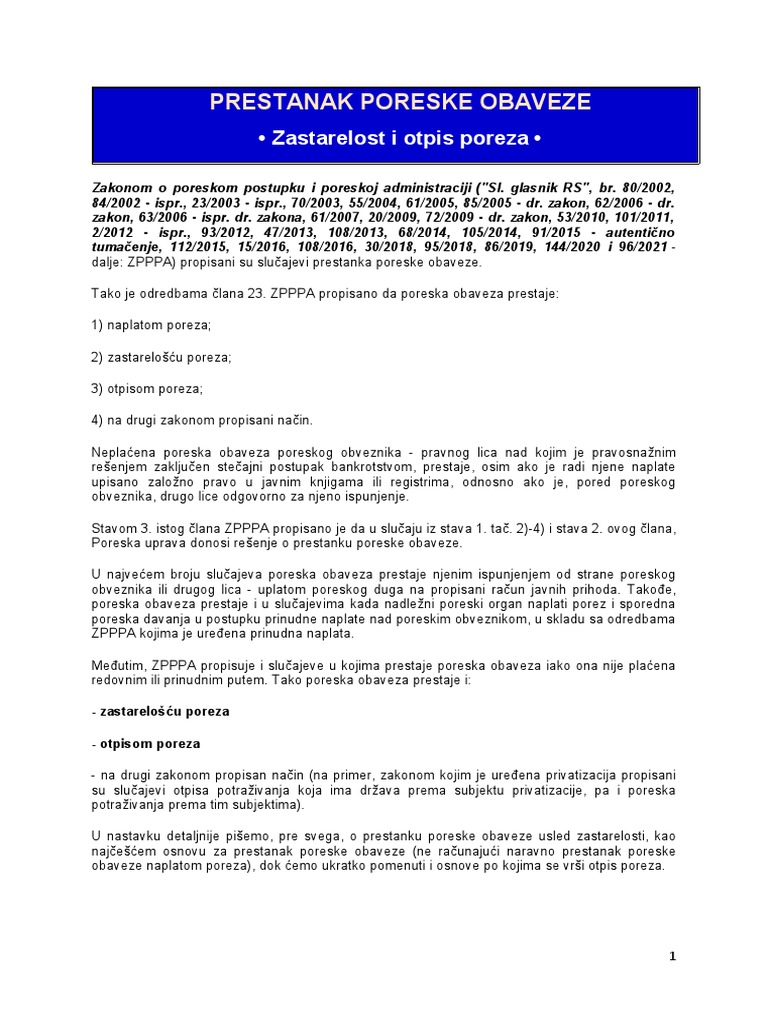 PRESTANAK PORESKE OBAVEZE - ZASTARELOST I OTPIS POREZA | PDF