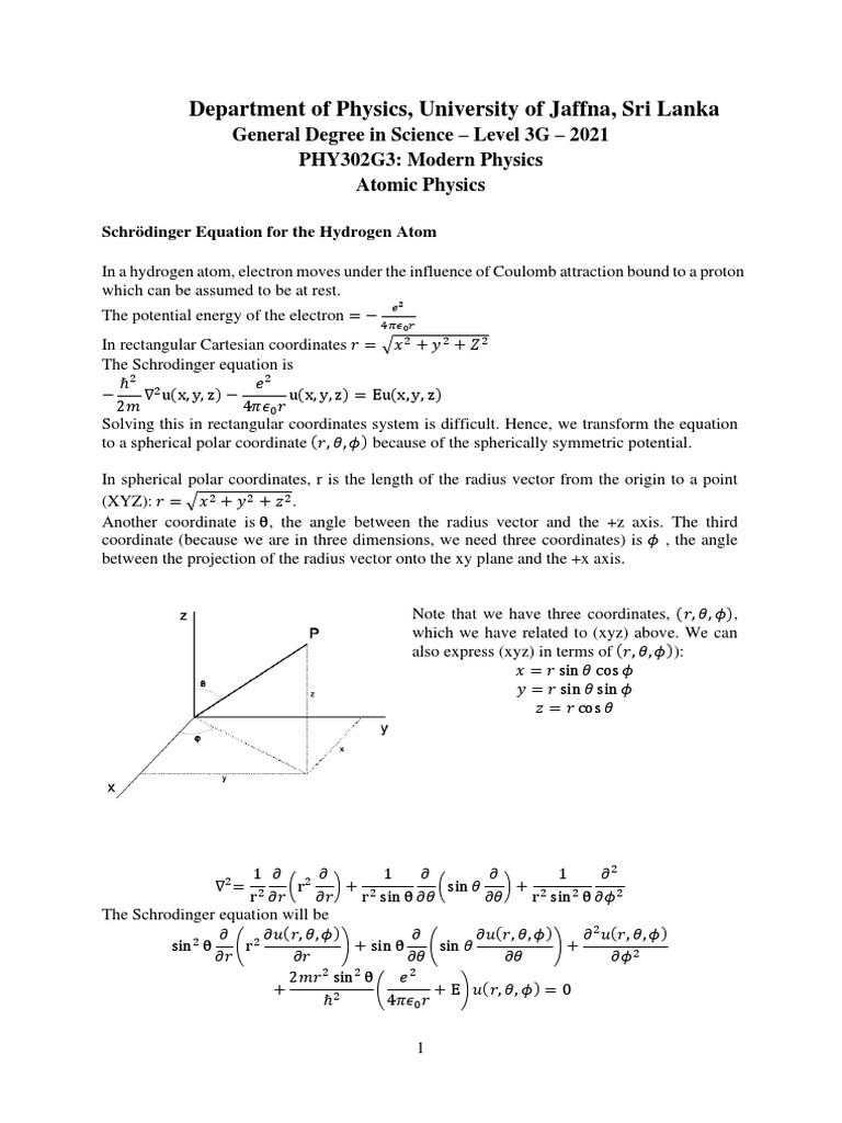 Lecture Notes-Schrödinger Equation For The H Atom and Quantum Numbers ...