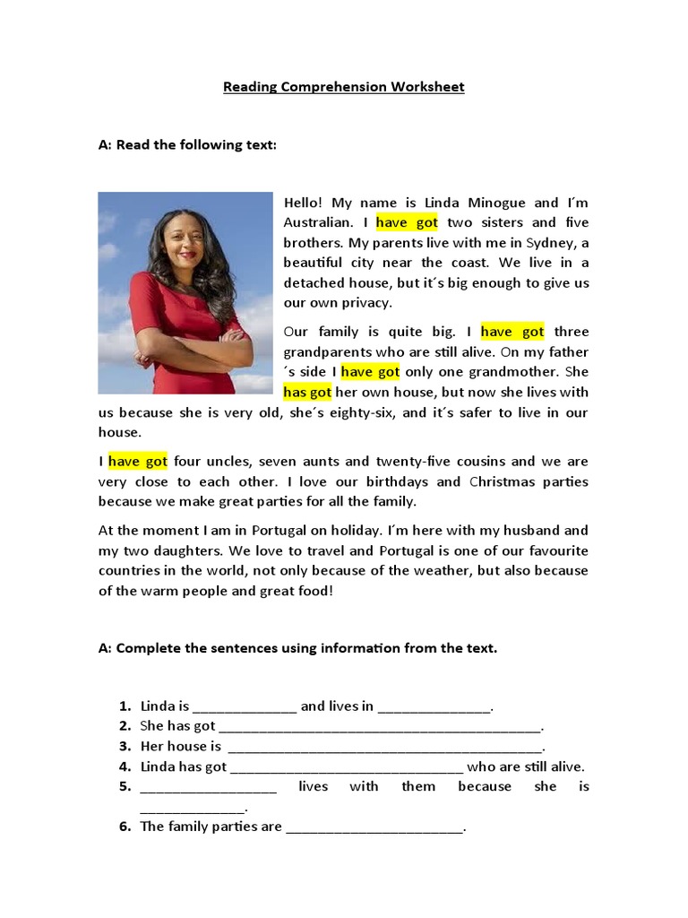 Reading Comprehension: Have Got & Verb To Be | PDF | Language Arts ...