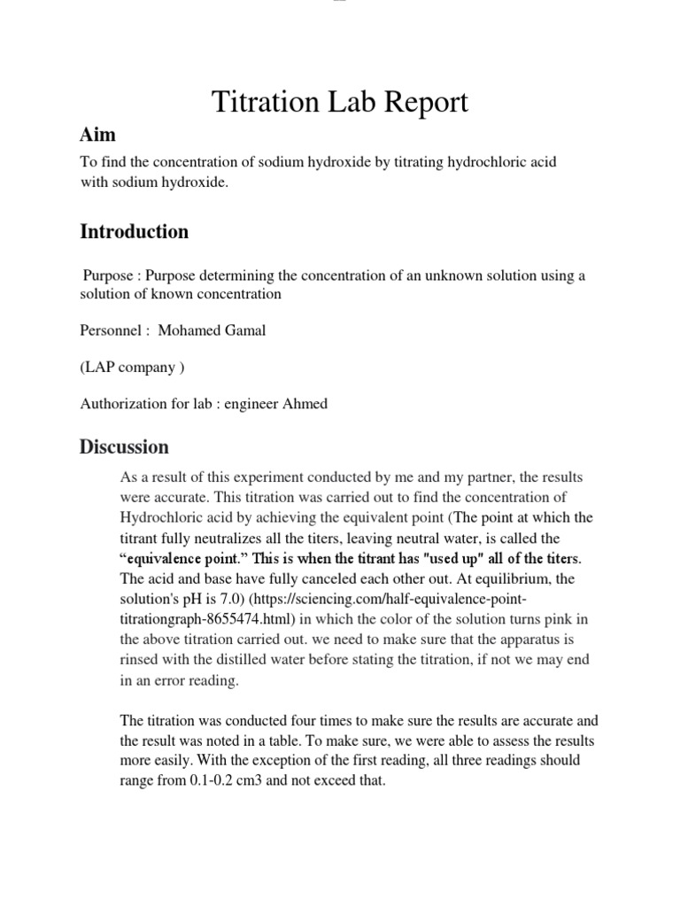 Titration Lab Report | PDF | Titration | Chemistry