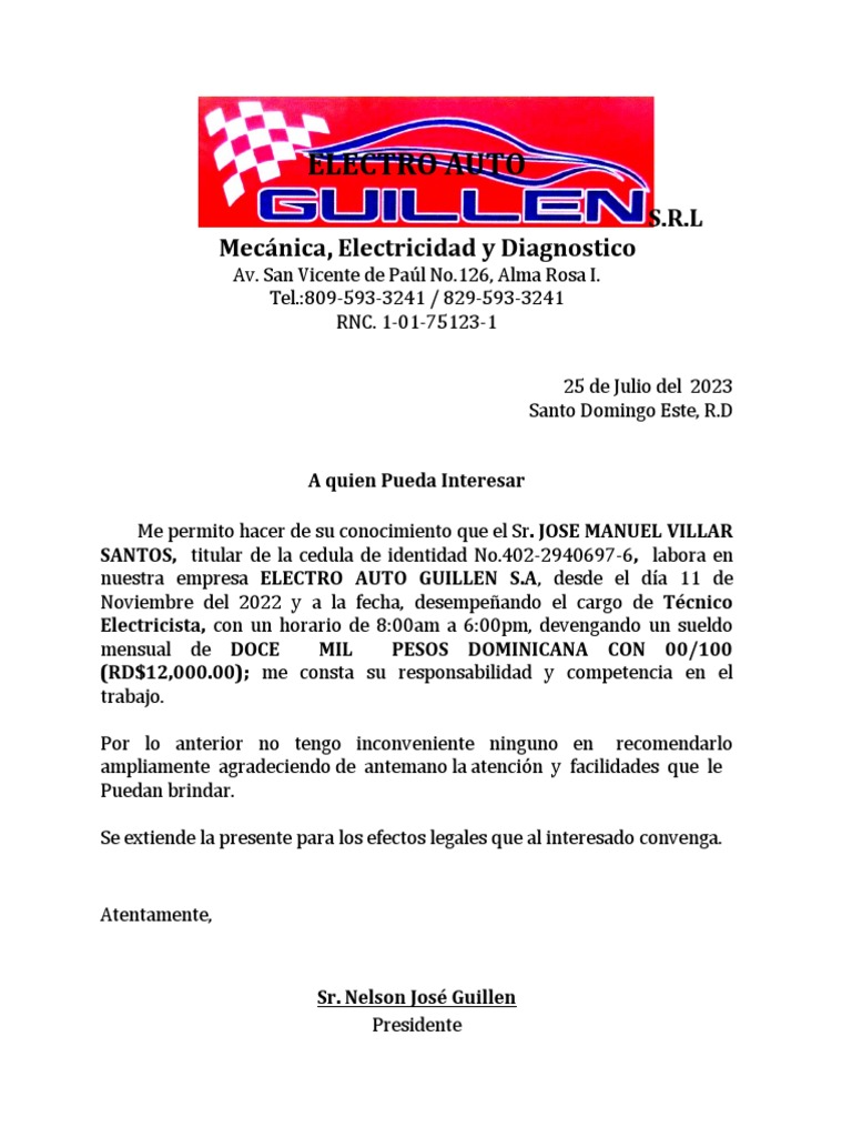 CARATA de TRABAJO Electro Auto Guillen | PDF