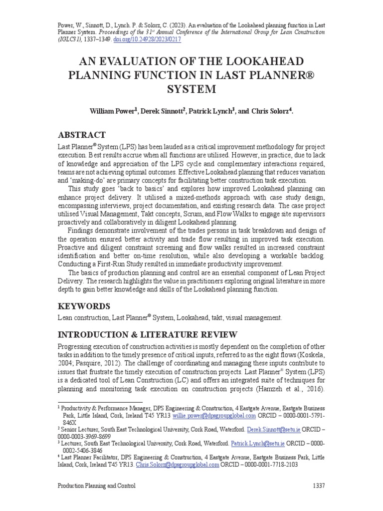 Power Et Al. 2023 - An Evaluation of The Lookahead Planning Function in Last Planner System | PDF
