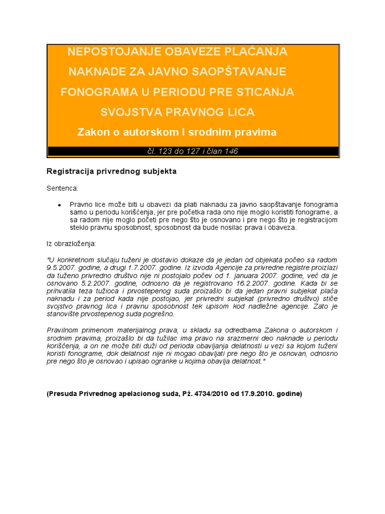 Nepostojanje Obaveze Plaćanja Naknade Za Javno Saopštavanje Fonograma U Periodu Pre Sticanja ...