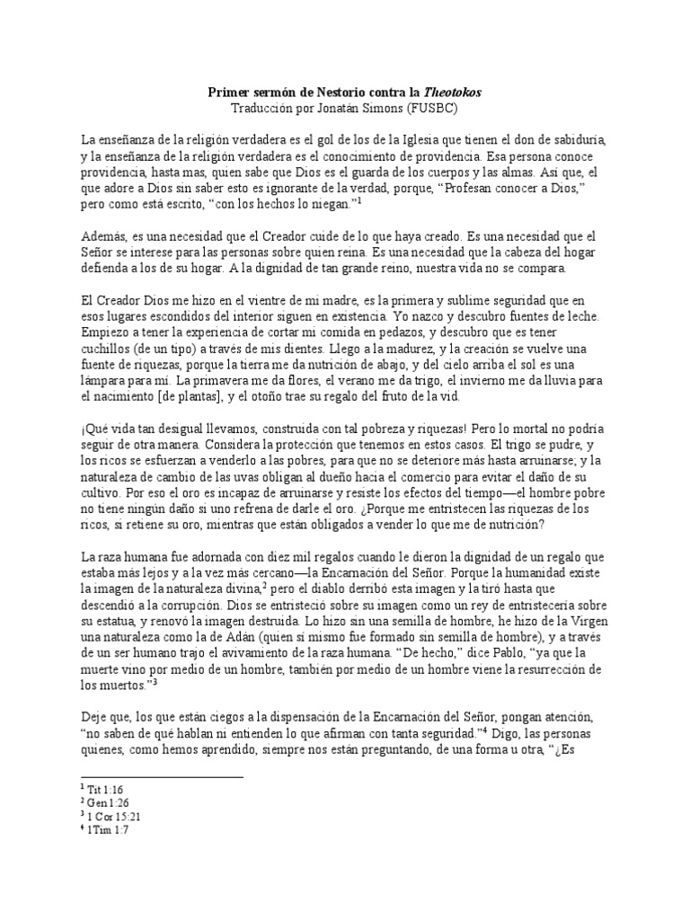 Nestorio - Primer Sermon Contra Theotokos | PDF