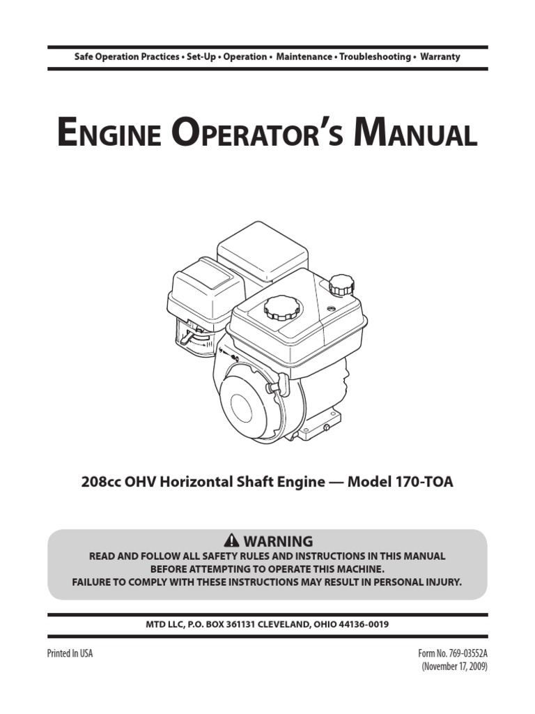 Ngine Perator S Anual: 208Cc Ohv Horizontal Shaft Engine - Model 170 ...