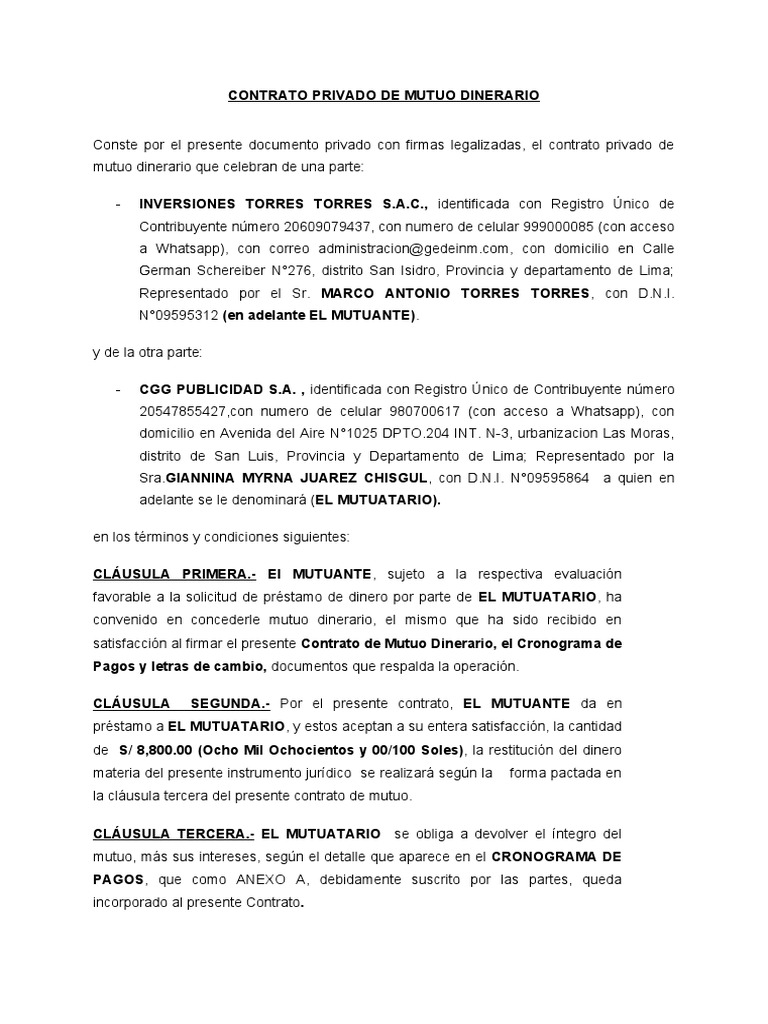 Modelo Contrato Mutuo Simple | PDF | Dinero | Bancario