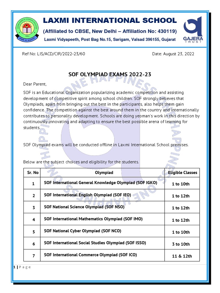 SOF Olympiad Exams 2022-23 at LIS | PDF | Business