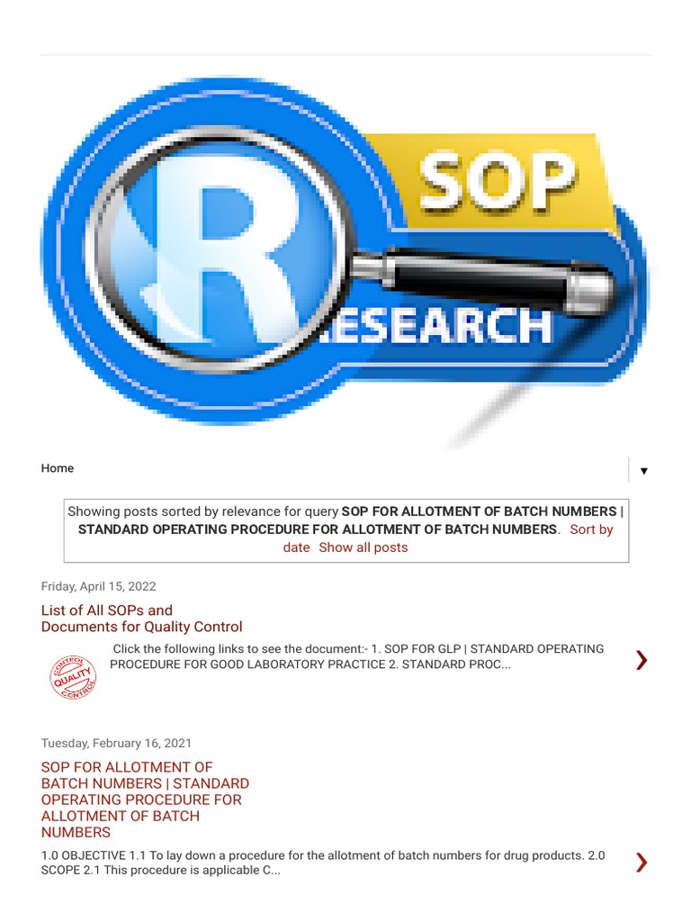 Research SOP - Search Results For SOP FOR ALLOTMENT OF BATCH NUMB | PDF ...