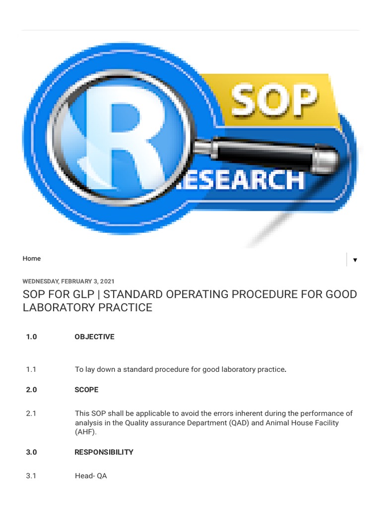 Research SOP - SOP FOR GLP - STANDARD OPERATING PROCEDURE FOR GOO | PDF