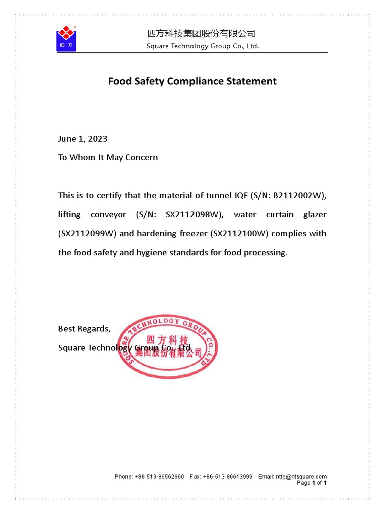 Food Safety Compliance Statement | PDF