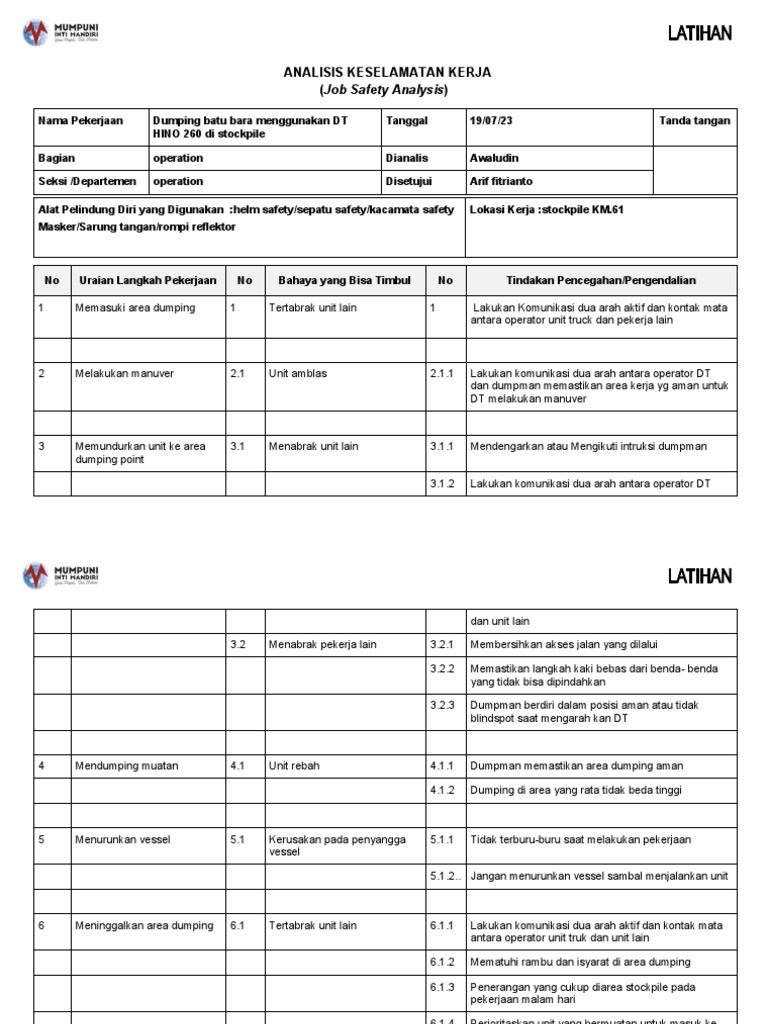 Latihan JSA - Dumping Batubara Di Stockpile | PDF