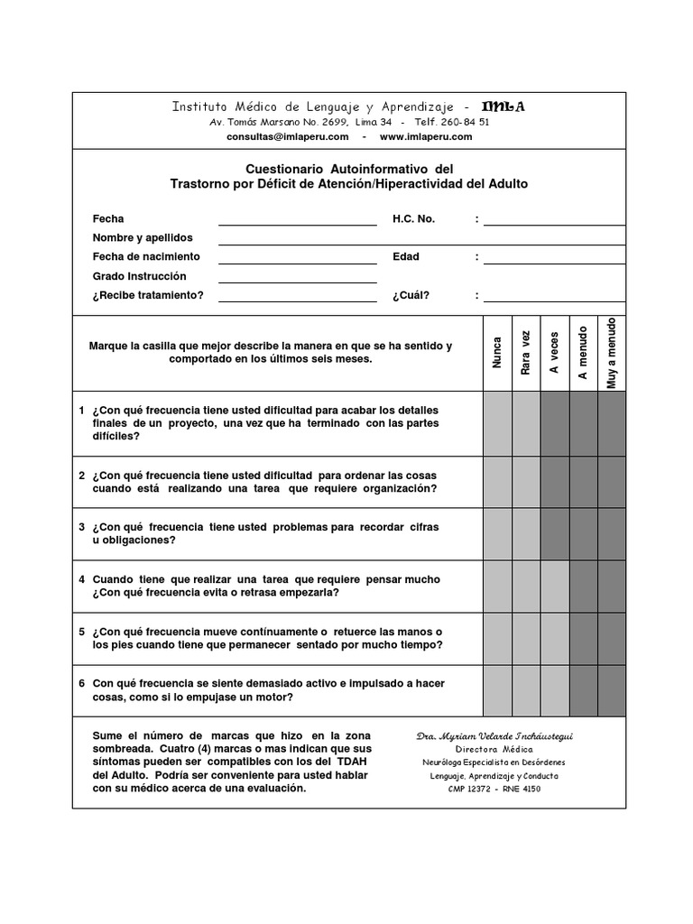 Cuestionario TDAH Adulto | PDF