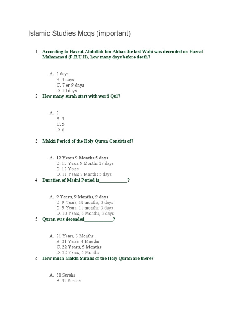 Islamic Studies Mcqs Important | PDF | Quran | Islam