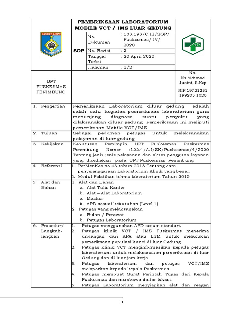 SOP Pemeriksaan Laboratorium Mobile VCT | PDF | Teknologi & Rekayasa
