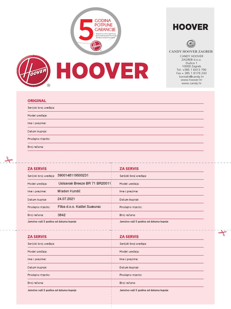 Jamstveni List Hoover - 38197 | PDF