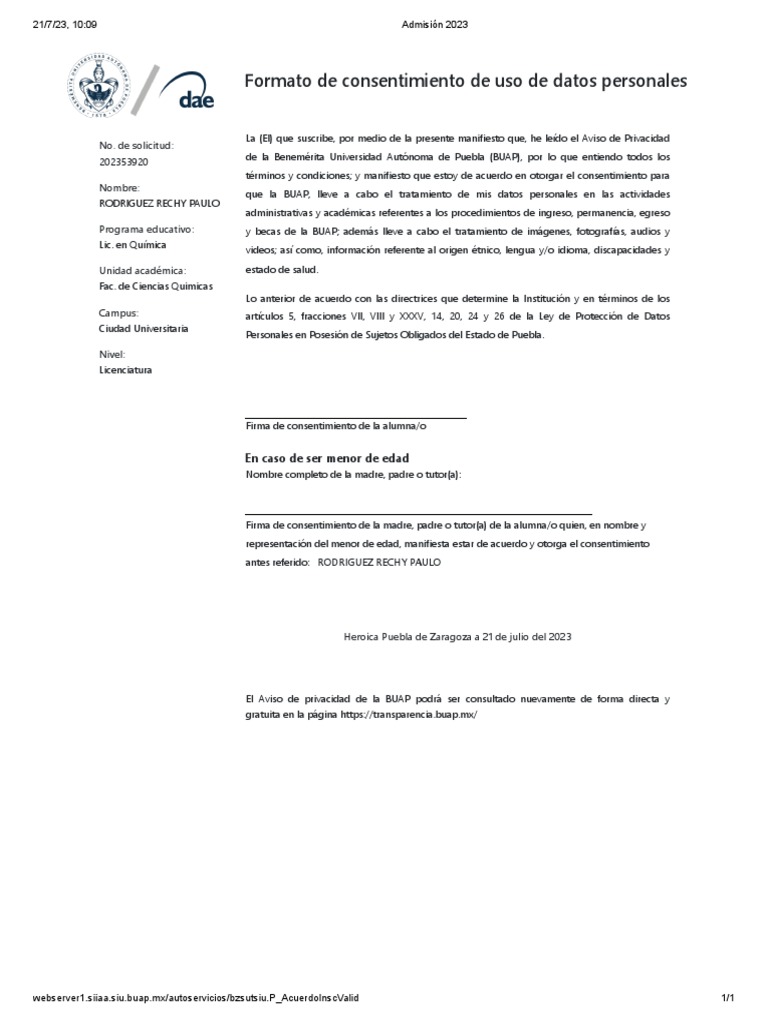 Formato de Consentimiento de Uso de Datos Personales EJEMPLO2090 | PDF