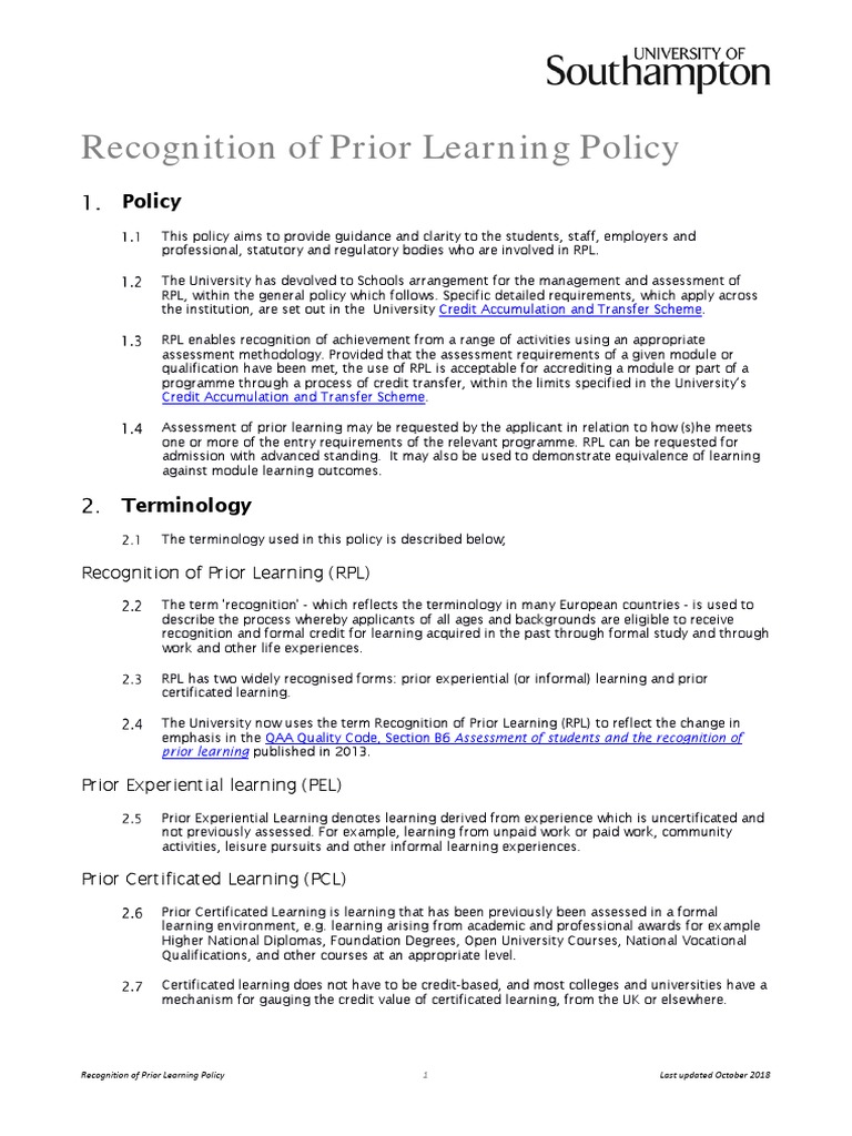 Recognition of Prior Learning Policy | PDF | Academic Degree Recognition of Prior Learning Policy | PDF | Academic Degree