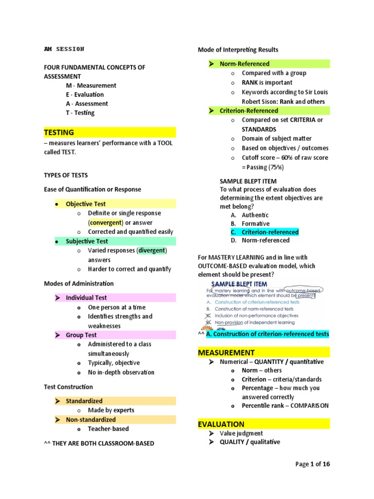 Assessment of Learning BLEPT NOTES | PDF | Educational Assessment ...