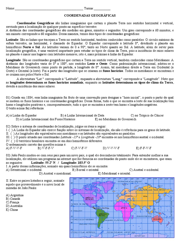 Atividade Coordenadas Geográficas Pdf