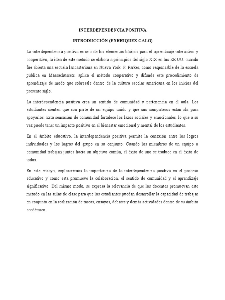 INTERDEPENDENCIA POSITIVA | PDF | Aprendizaje | Salón de clases