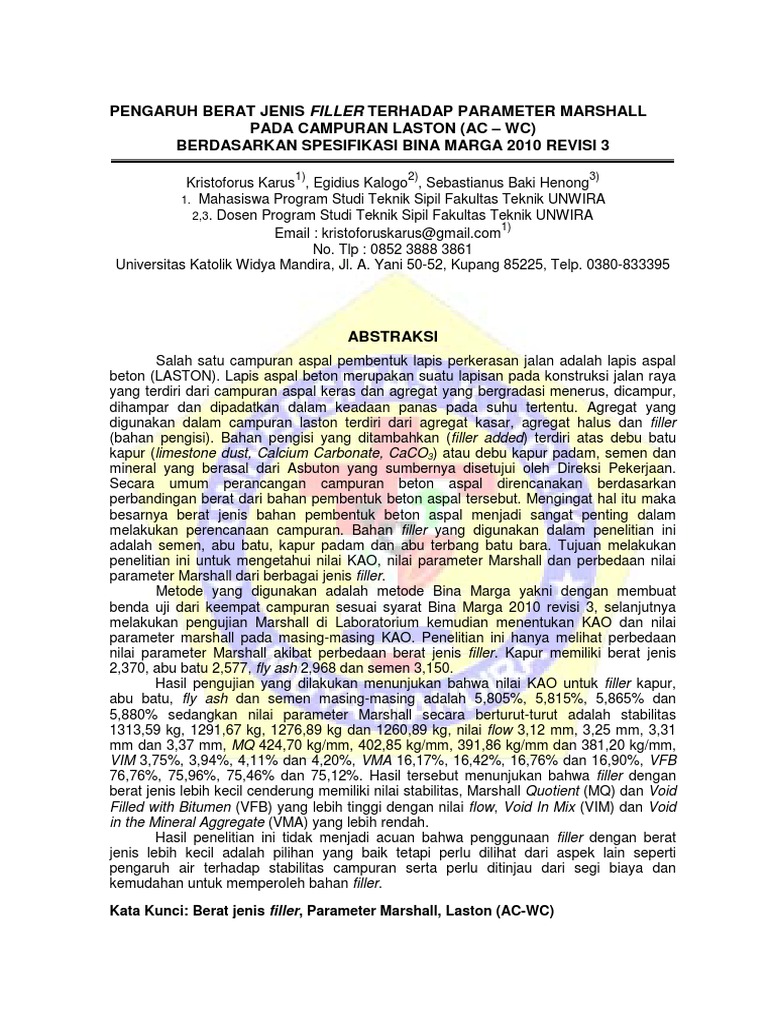 Pengaruh Berat Jenis Filler Terhadap Parameter Marshall Pada Campuran Laston (Ac - WC ...