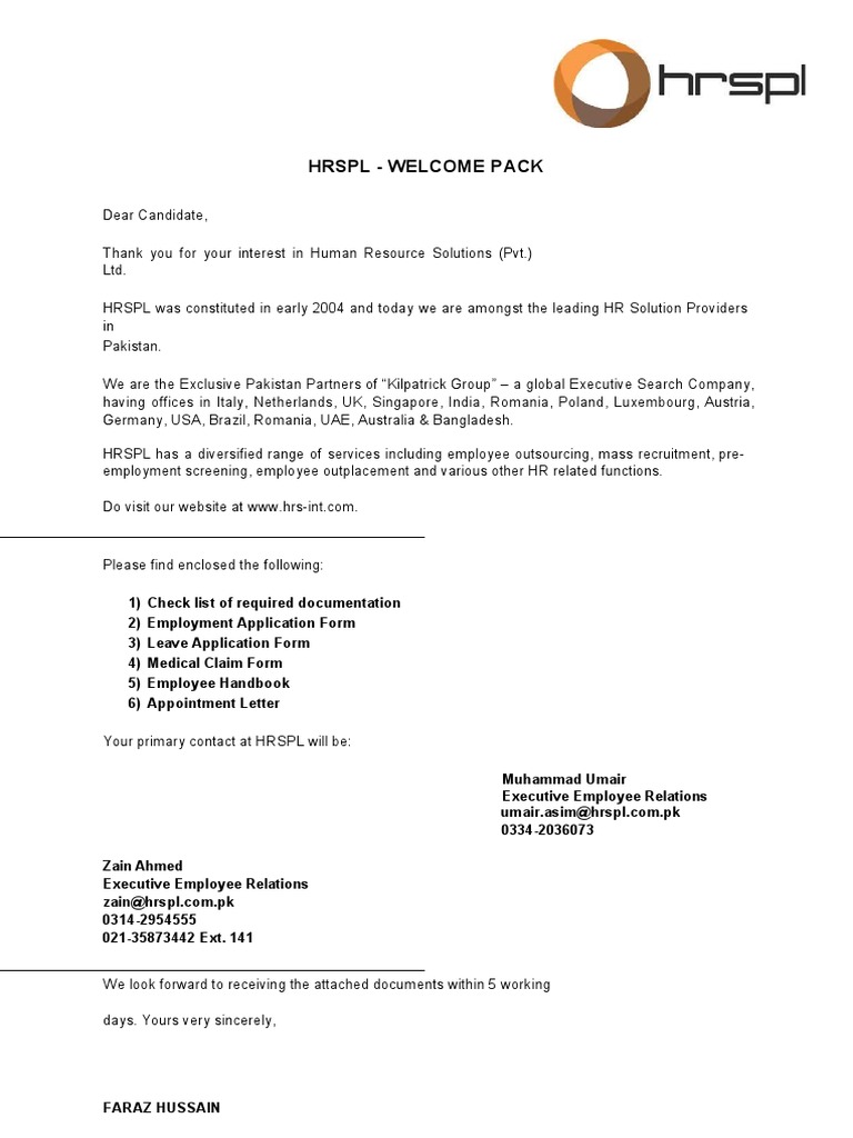 HRSPL Welcome Pack Covering Letter | PDF