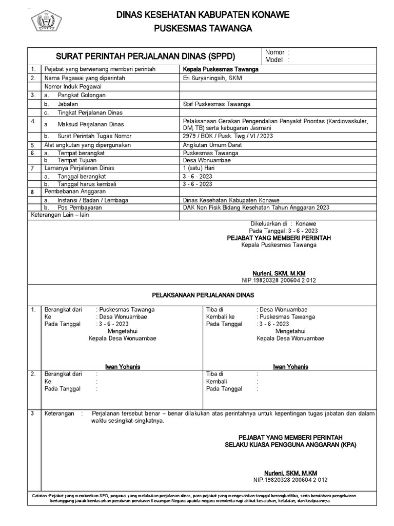 Surat Perintah Perjalanan Dinas (SPPD) : Nomor: Model | PDF
