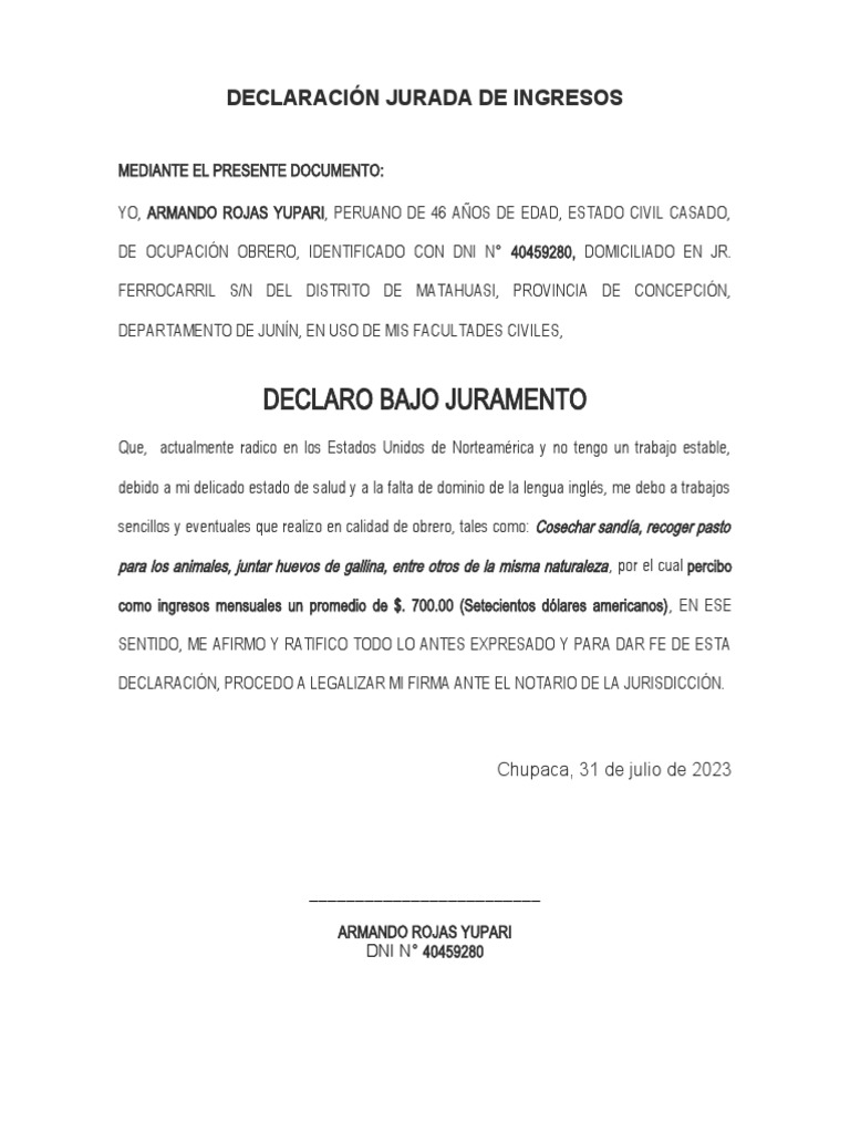 Declaración Jurada de Ingresos | PDF