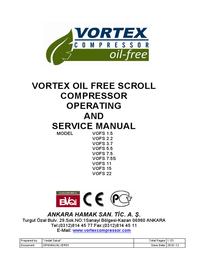 Vortex Scroll Compressor O&s Manual 2013 | PDF | Belt (Mechanical) | Pump