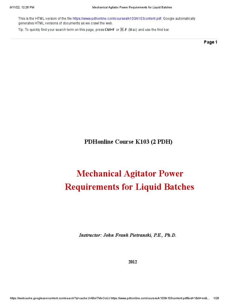Mechanical Agitator Power Requirements For 22f | PDF