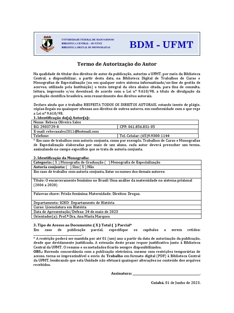 Termo De Autorização Autora Biblioteca Pdf Bibliotecas Direitos