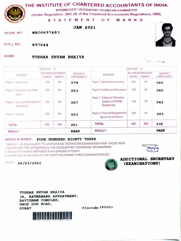 CA IPCC Marksheet | PDF