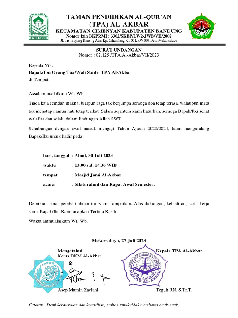 Undangan Rapat Awal TPA Al-Akbar | PDF