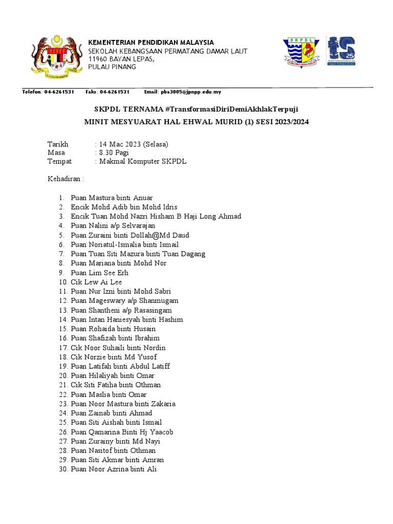 Minit Mesyuarat KOKO SKPDL Kali Ke 1 (2023 2024) | PDF