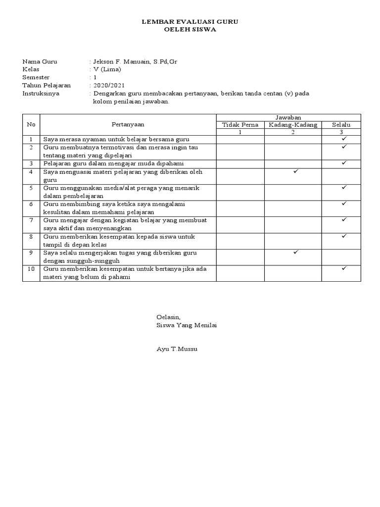 Lembar Evaluasi Guru Oleh Siswa | PDF