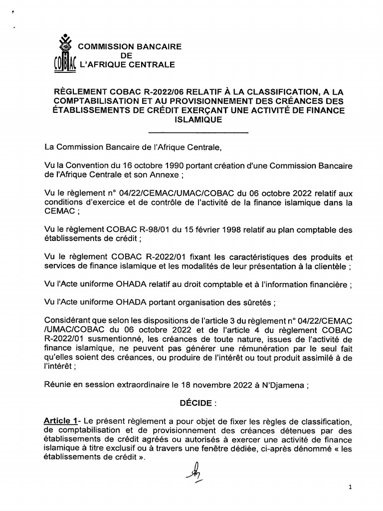 Règlement COBAC 2022 06 | PDF