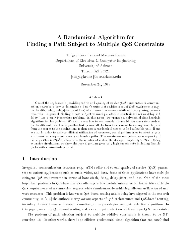 A Randomized Algorithm For Finding A Path Subject To Multiple Qos Constraints | PDF | Routing ...