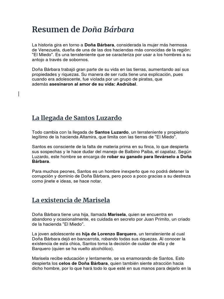 Resumen de "Doña Bárbara" | PDF