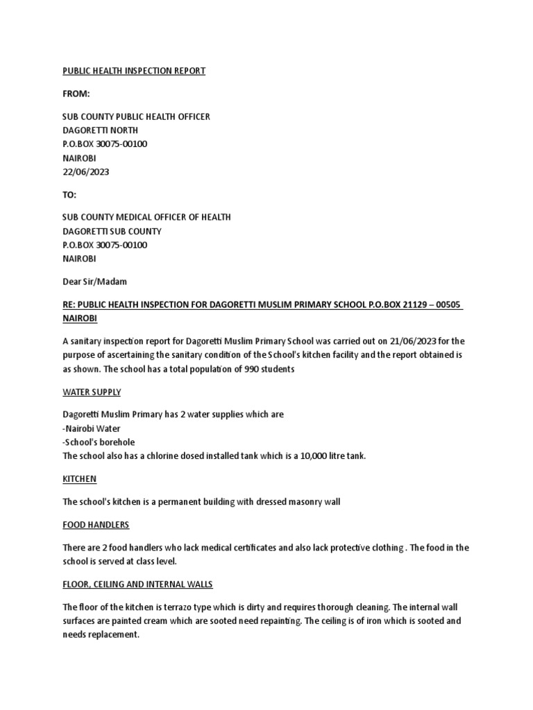 Public Health Inspection For Dagoretti Muslim Primary School | PDF