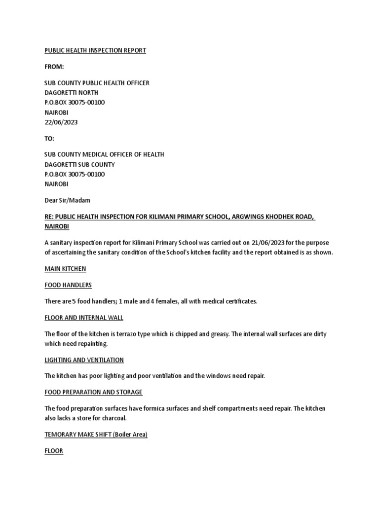 Public Health Inspection For Kilimani Primary School | PDF | Kitchen | Wall